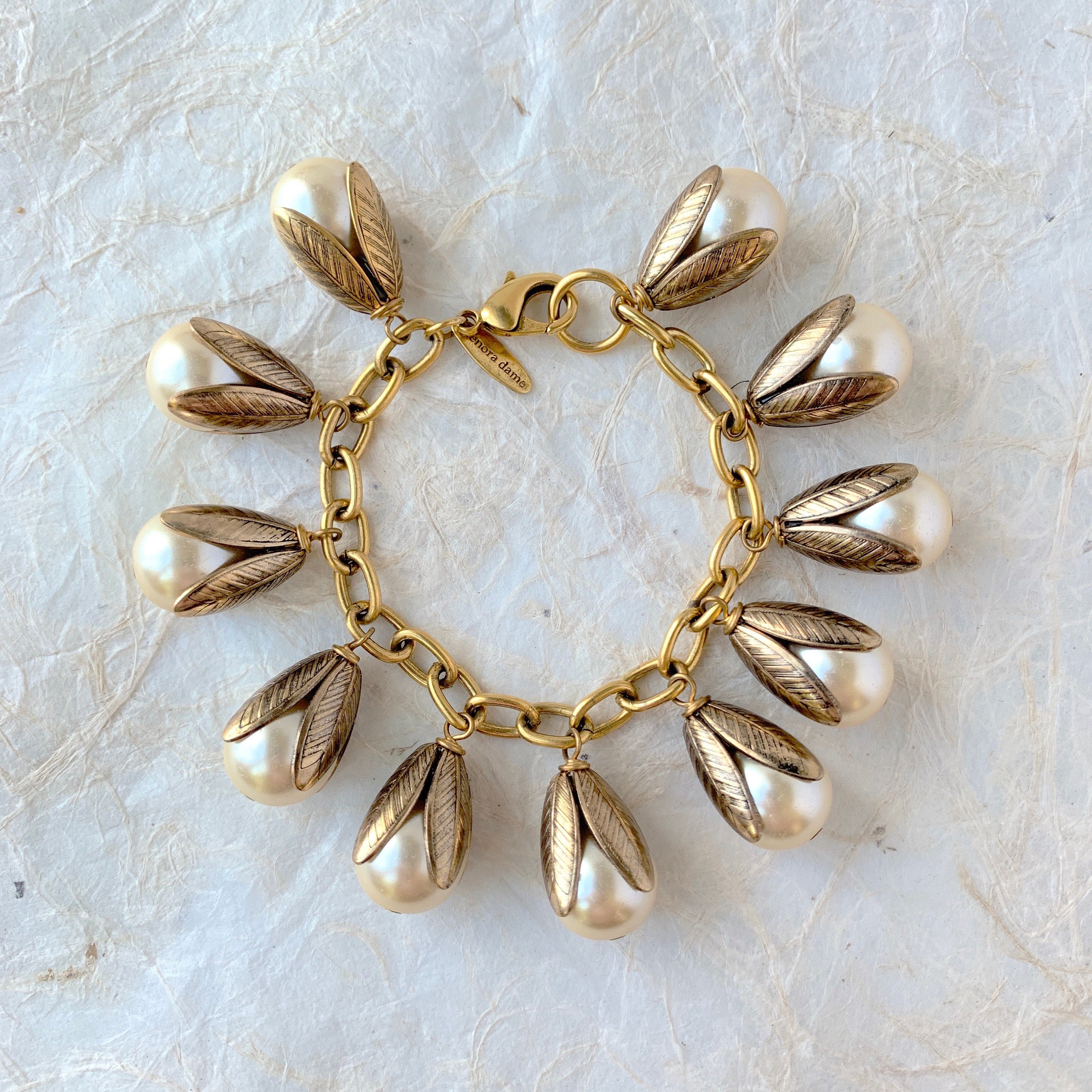 Lenora Dame Classic Bead Cap Charm Bracelet in Cream Pearl - Etsy