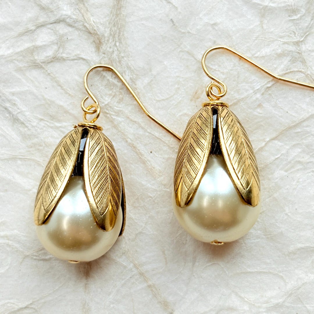 Lenora Dame Cream Pearl Bead Cap Earrings - Etsy