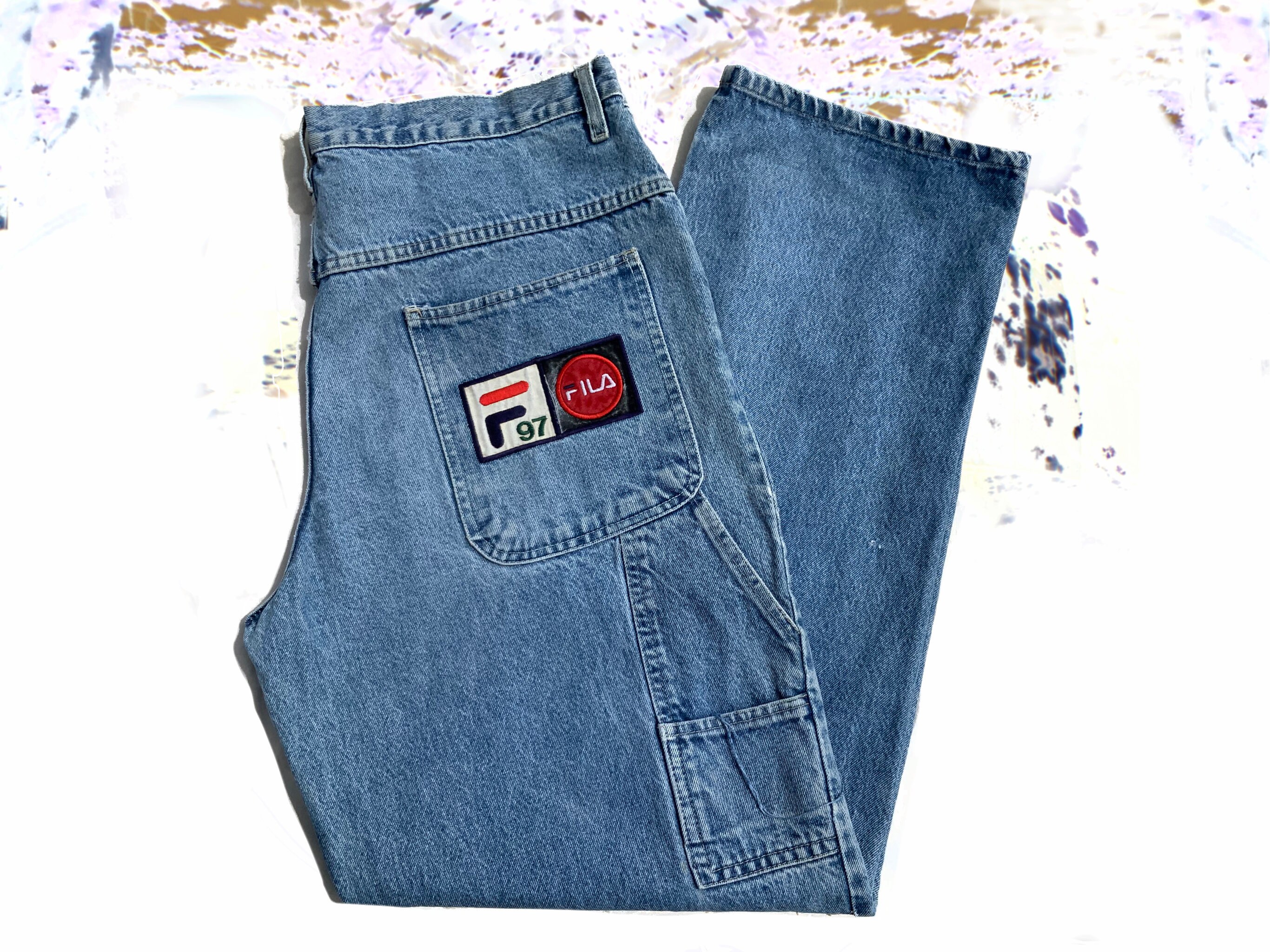 FILA Vintage 1990s Print Out Logo Patch Carpenter Jeans Fade Light Wash ...