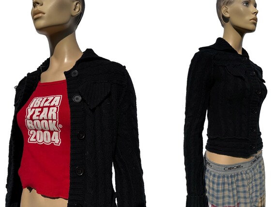 Early 2000s Fitted Black Chunky Knit Button Up Cardig… - Gem