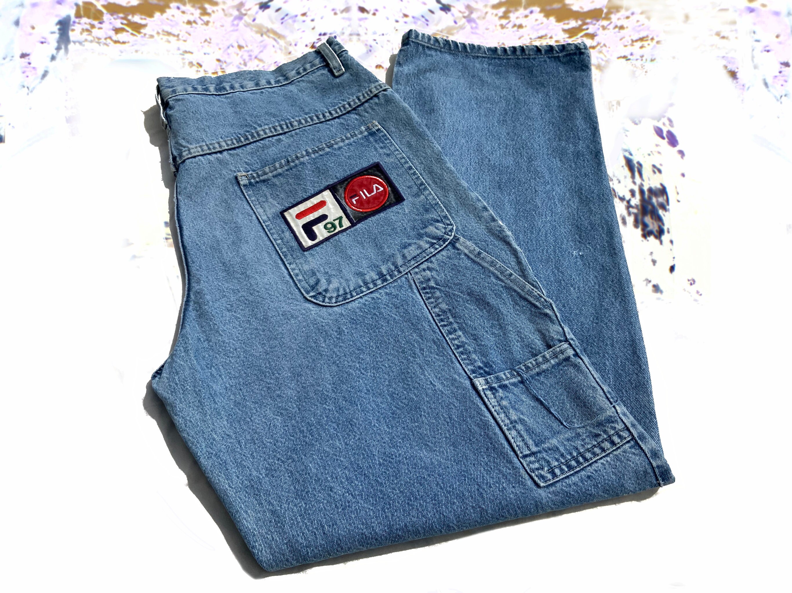 FILA Vintage 1990s Print Out Logo Patch Carpenter Jeans Fade Light Wash ...