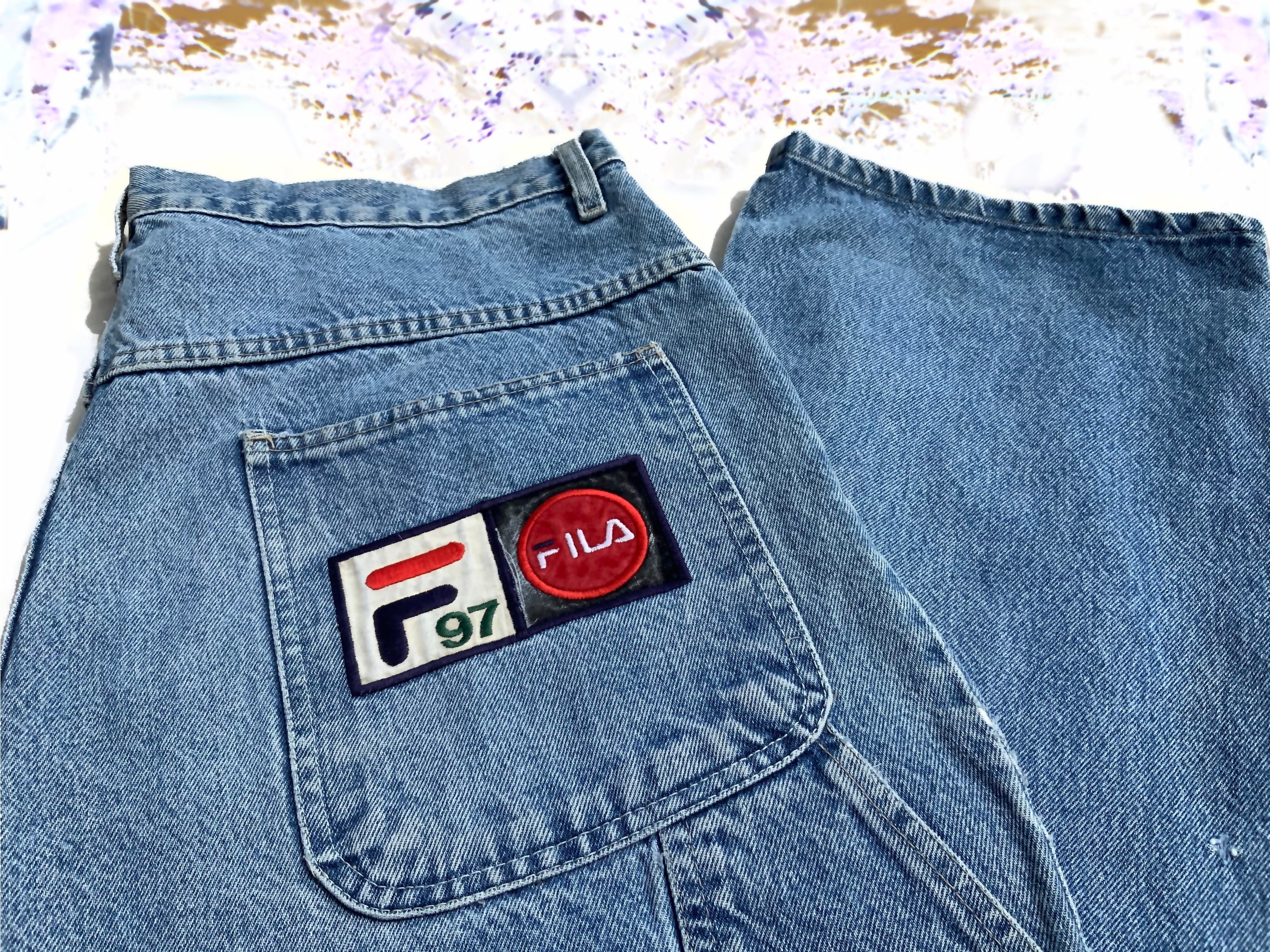 FILA Vintage 1990s Print Out Logo Patch Carpenter Jeans Fade Light Wash ...