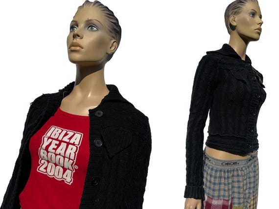Early 2000s Fitted Black Chunky Knit Button Up Cardig… - Gem