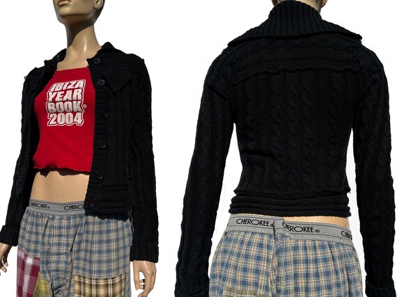 Early 2000s Fitted Black Chunky Knit Button Up Cardig… - Gem
