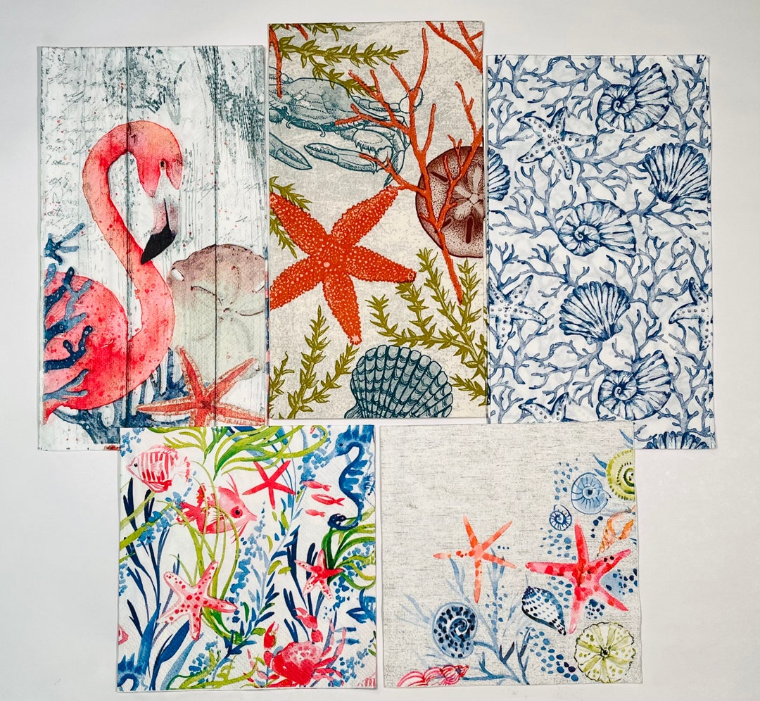 Paper Napkins “colorful Coastal Life-flamingos, Shells, Seahorses ...