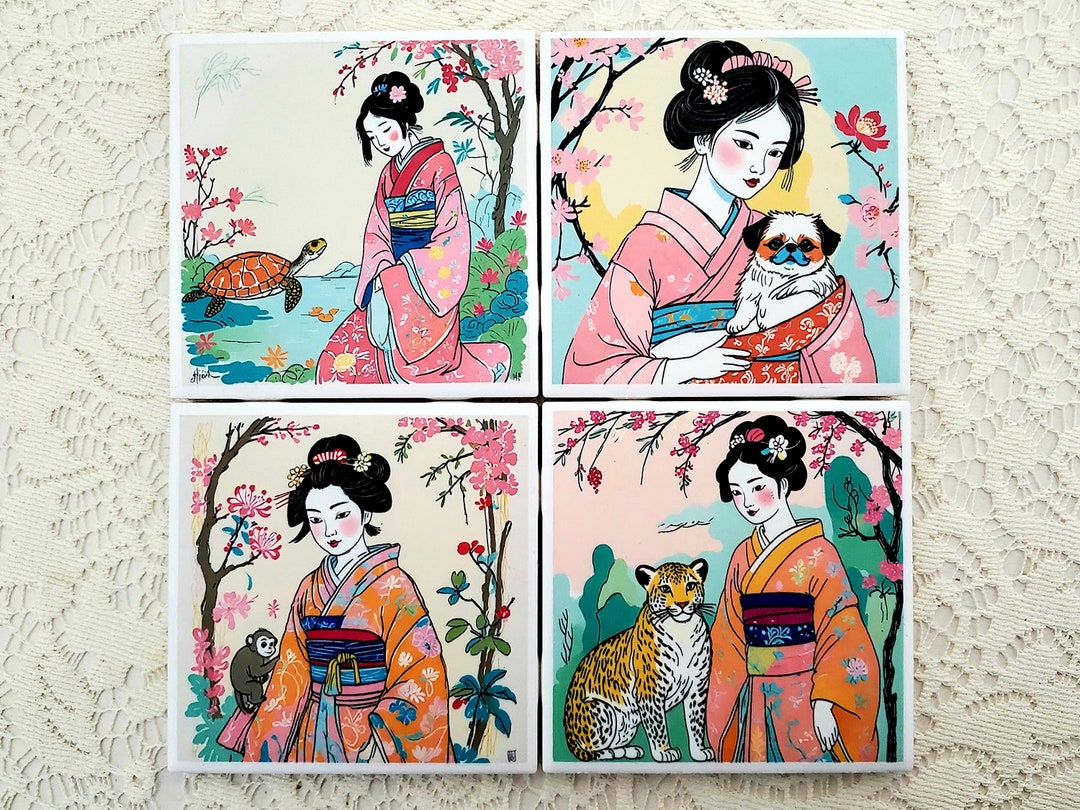 Geisha Chinoiserie Decorative Coasters Set of 4 Housewarming Gift ...