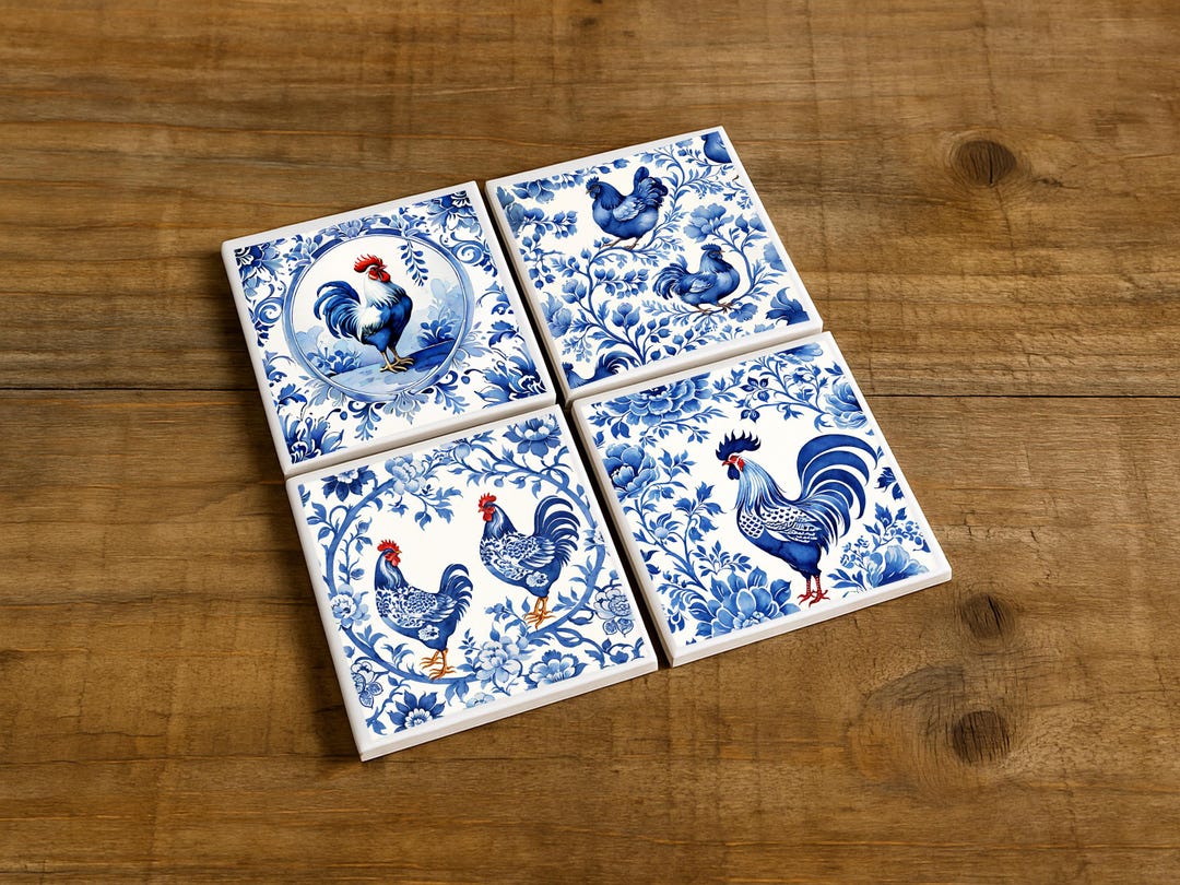 Rooster Chicken Coaster Set: Blue White Ceramic Farmhouse Decor Delft ...