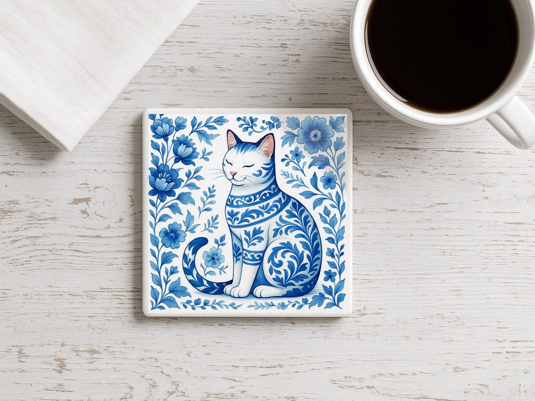 Blue White Cat Art Tile Delft Ceramic Coaster - Etsy