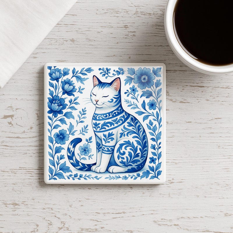 Blue White Tile Cat - Etsy