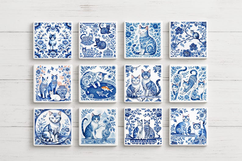 Delft Cat Art Tile Coaster: Blue & White Chinoiserie Ceramic Decor - Etsy