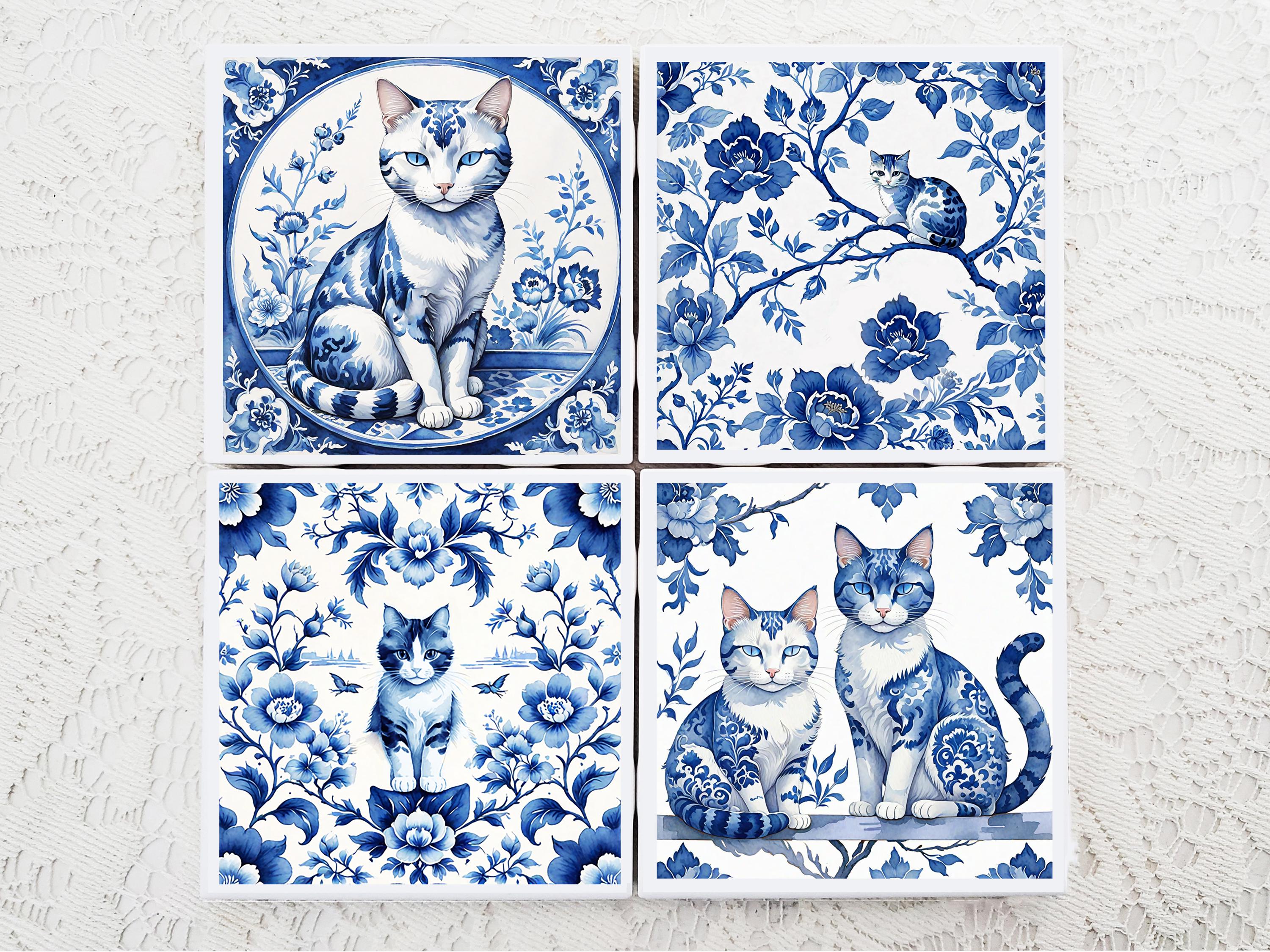 Delft Cat Art Tile Coaster: Blue & White Chinoiserie Ceramic Decor - Etsy
