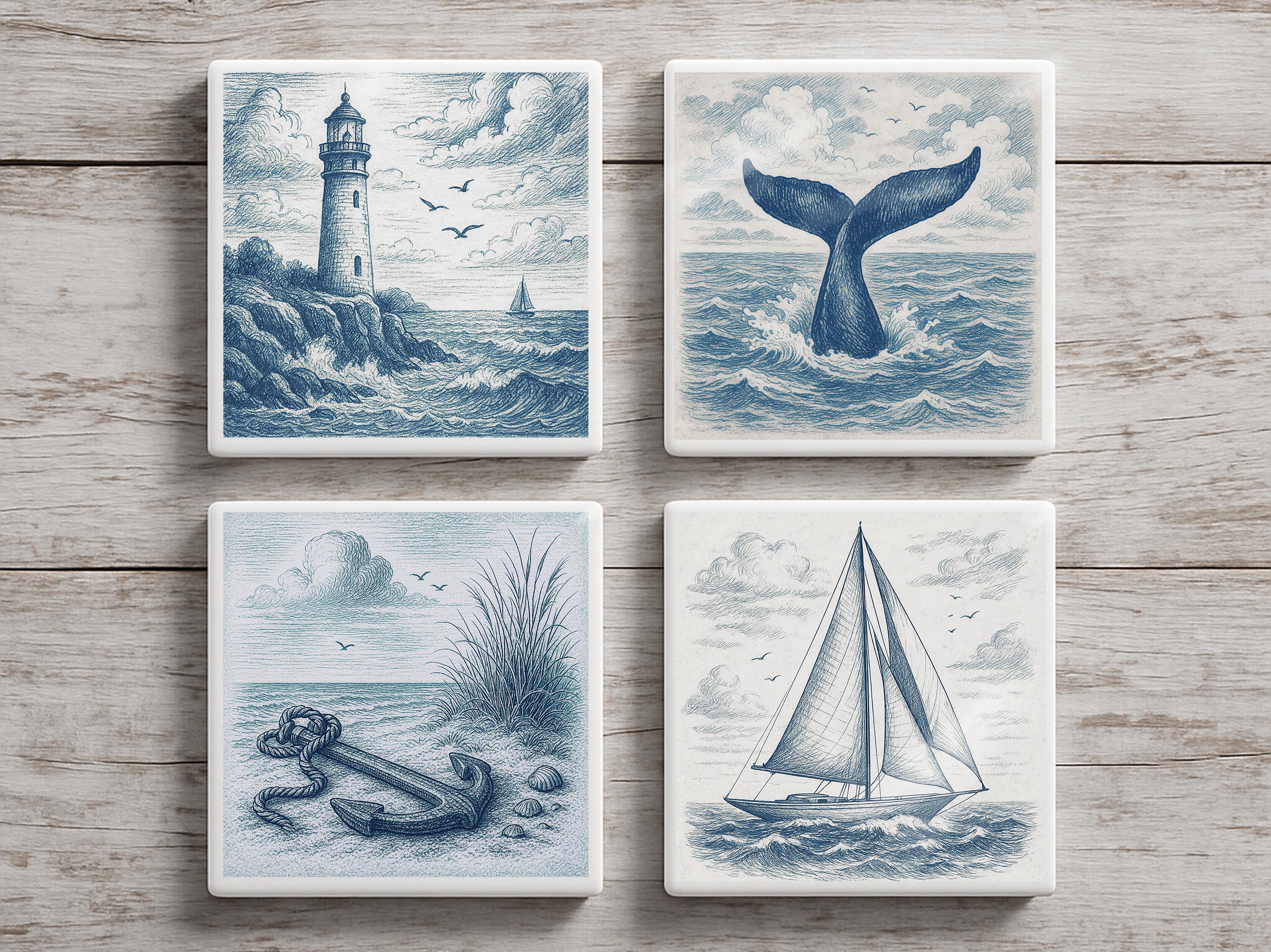 Nautical Toile Coasters (set of 4): Blue & White Coastal Decor - Etsy