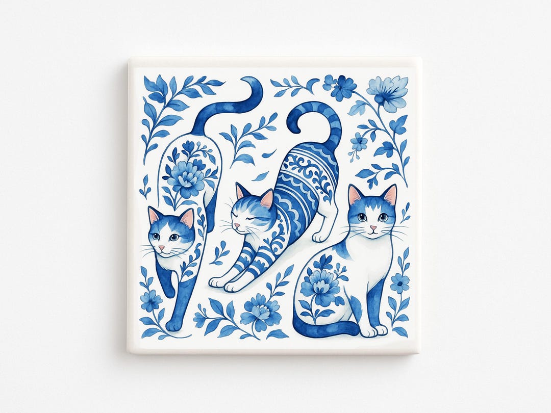 Delft Blue Cat Coaster – Ceramic Tile With Three Cats and Blue Floral ...