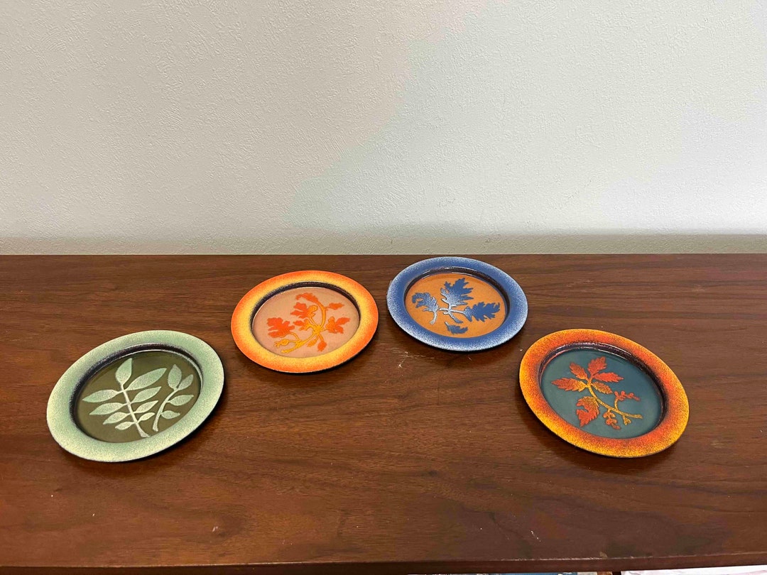 Vintage Copper Enamel Leaf Coasters Set of 4 - Etsy