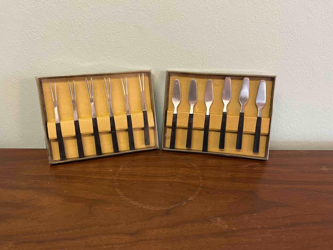 Vintage MCM Cocktail Hors D'oeuvre Fork and Knife Stainless Steel Boxed ...