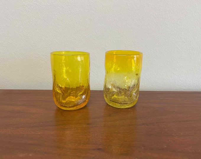 Pair of Vintage Blenko Jonquil Yellow Dimple Crackle Glasses - Handmade ...