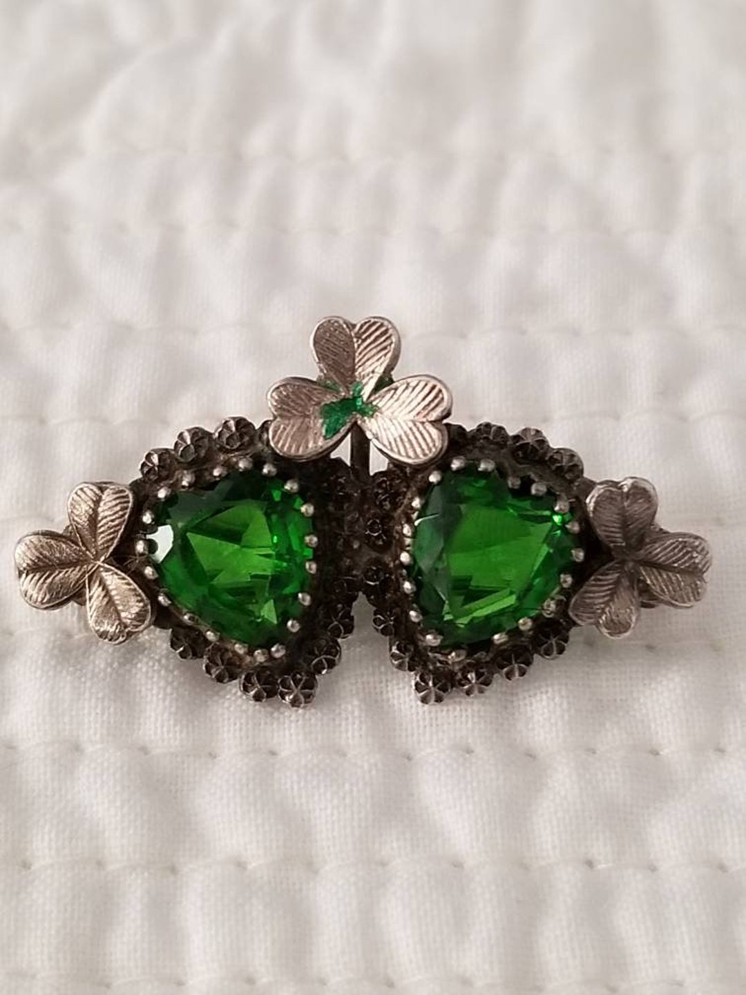 Antique Sterling Silver Art Nouveau Emerald Green Heart Shamrock Brooch ...