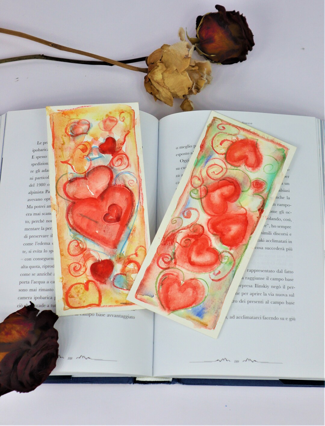 Two Bookmarks Hearts Original Watercolor Bookmarks Heart Hand-painted ...
