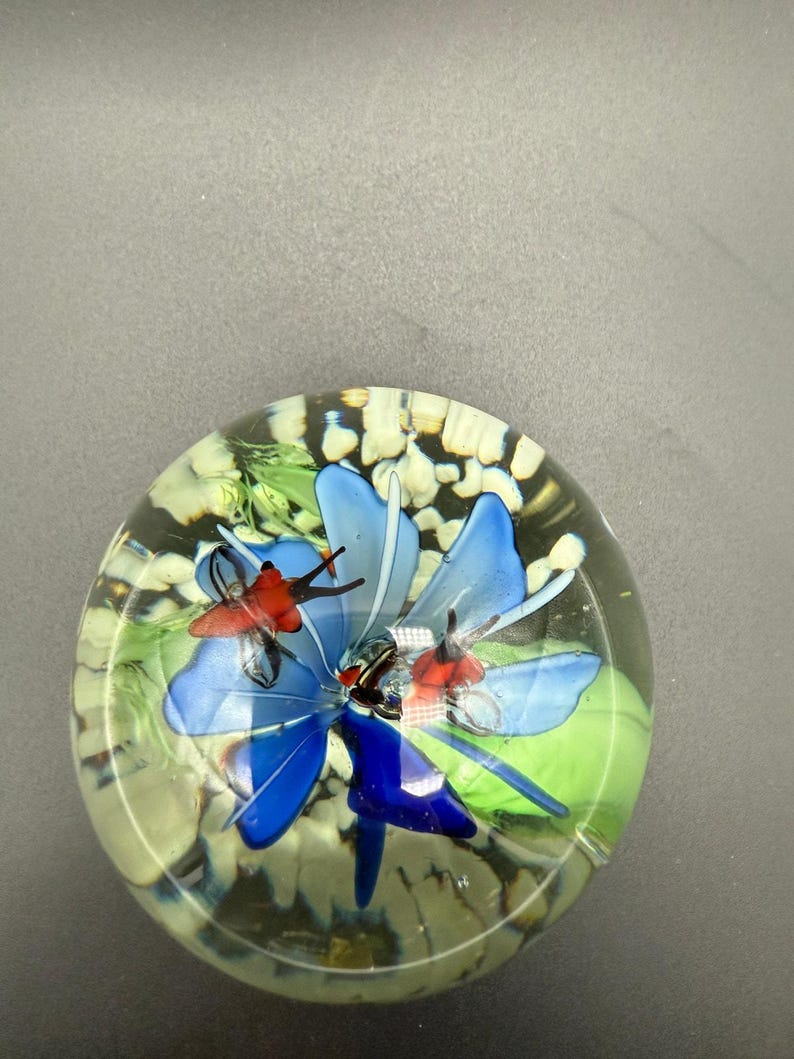 Art Glass Paperweight With Blue Flower and Flying Insects - Etsy