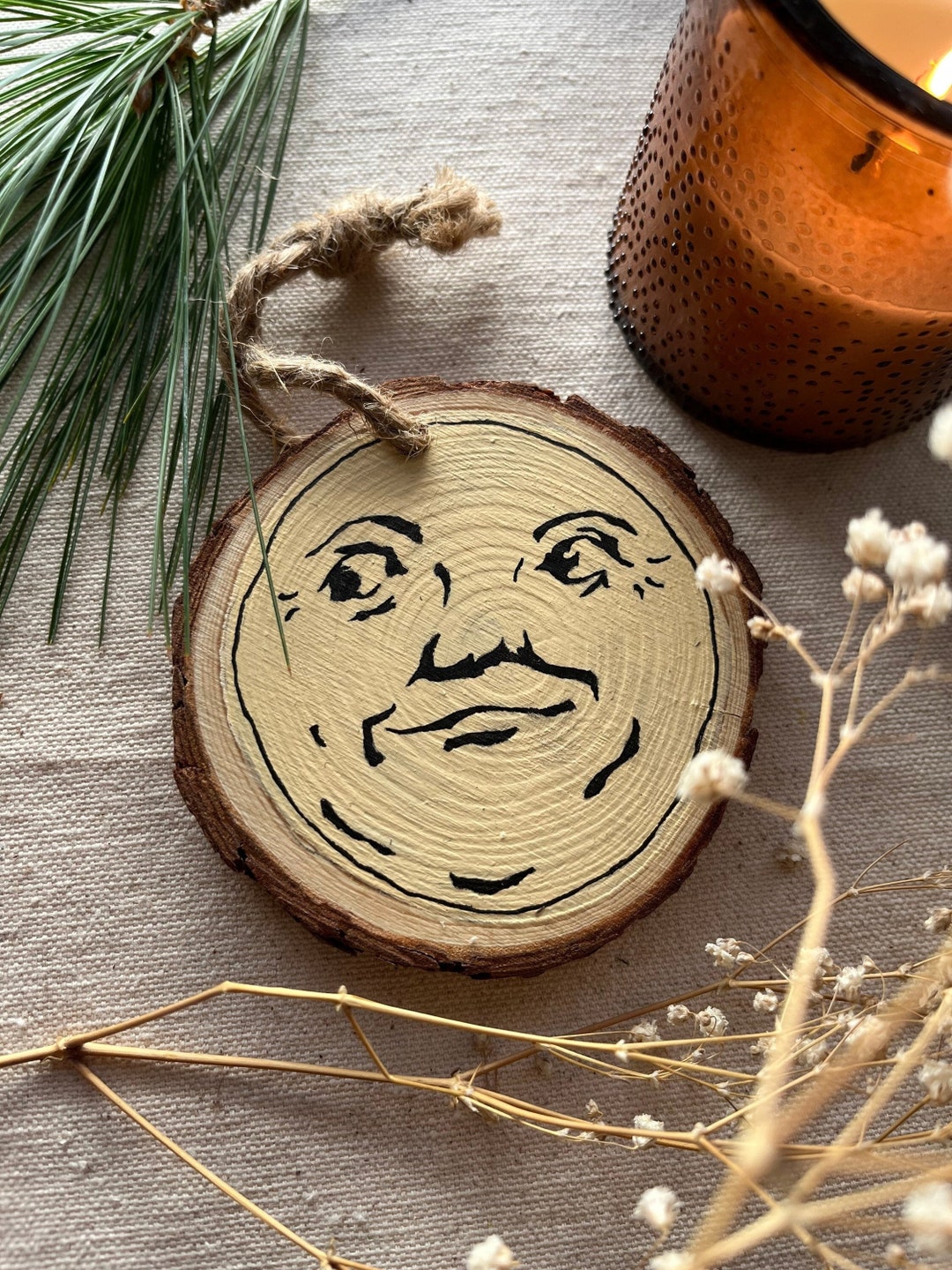 Whimsigoth Celestial Moon Face Hand Painted Wood Slice Ornament, Man in ...