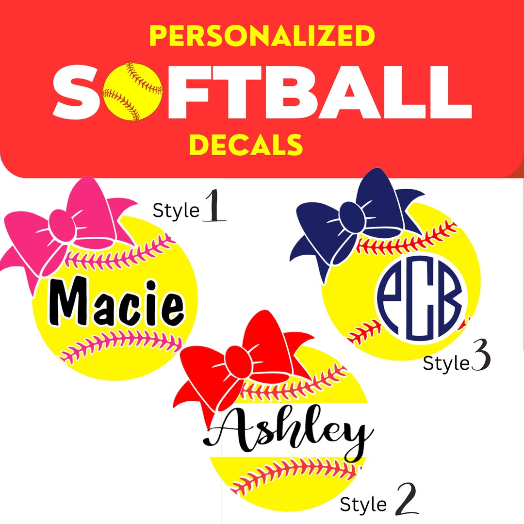 Personalized Name Softball Decal, Softball Bow Monogram Vinyl Decal ...