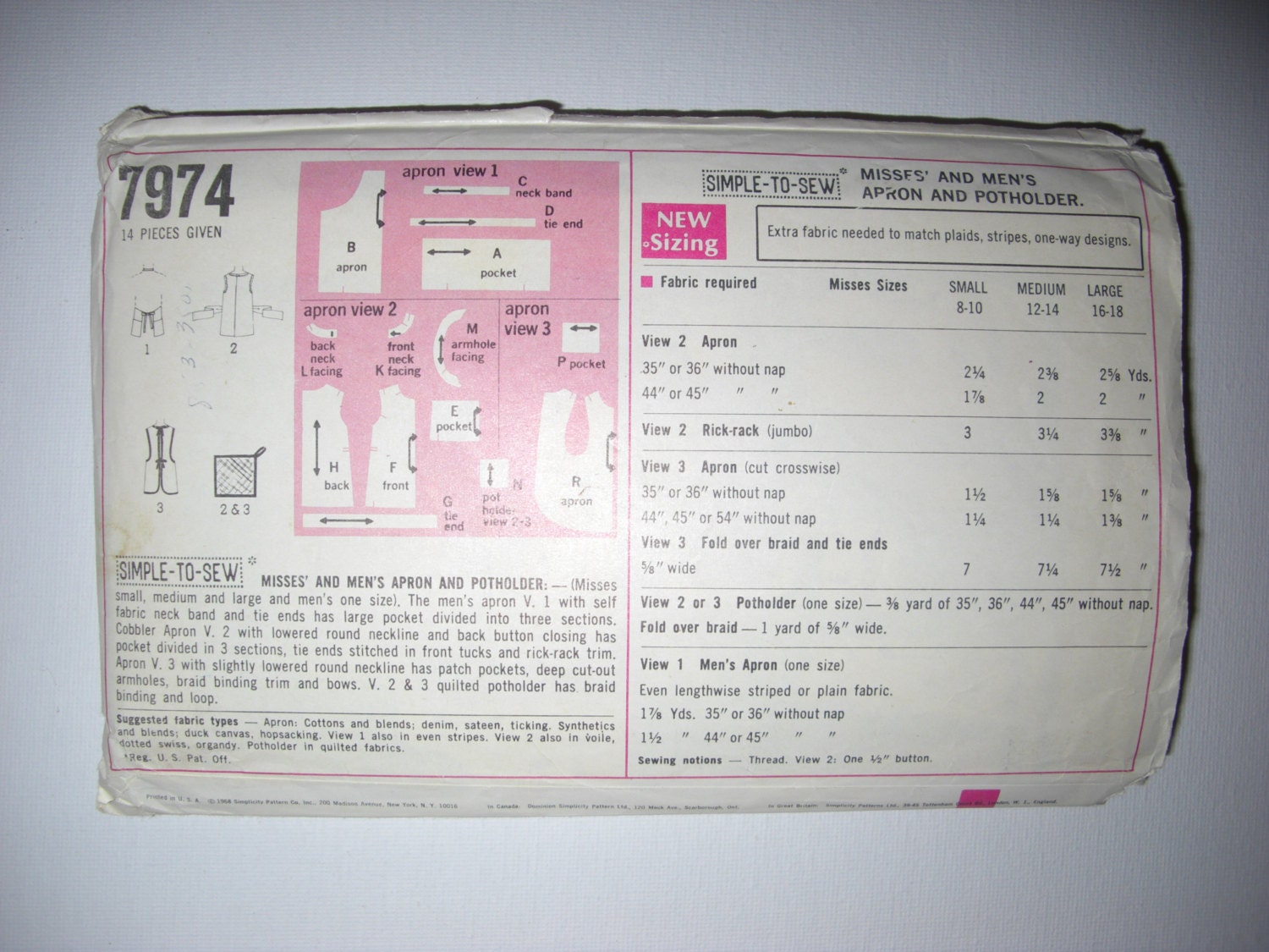 Vintage Apron Sewing Pattern Simplicity 7974 - Etsy Canada