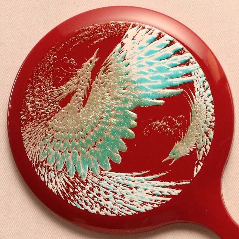 Hand Held Hand Mirror Phoenix Japan traditional craft "MAKI-E" lacquer ...