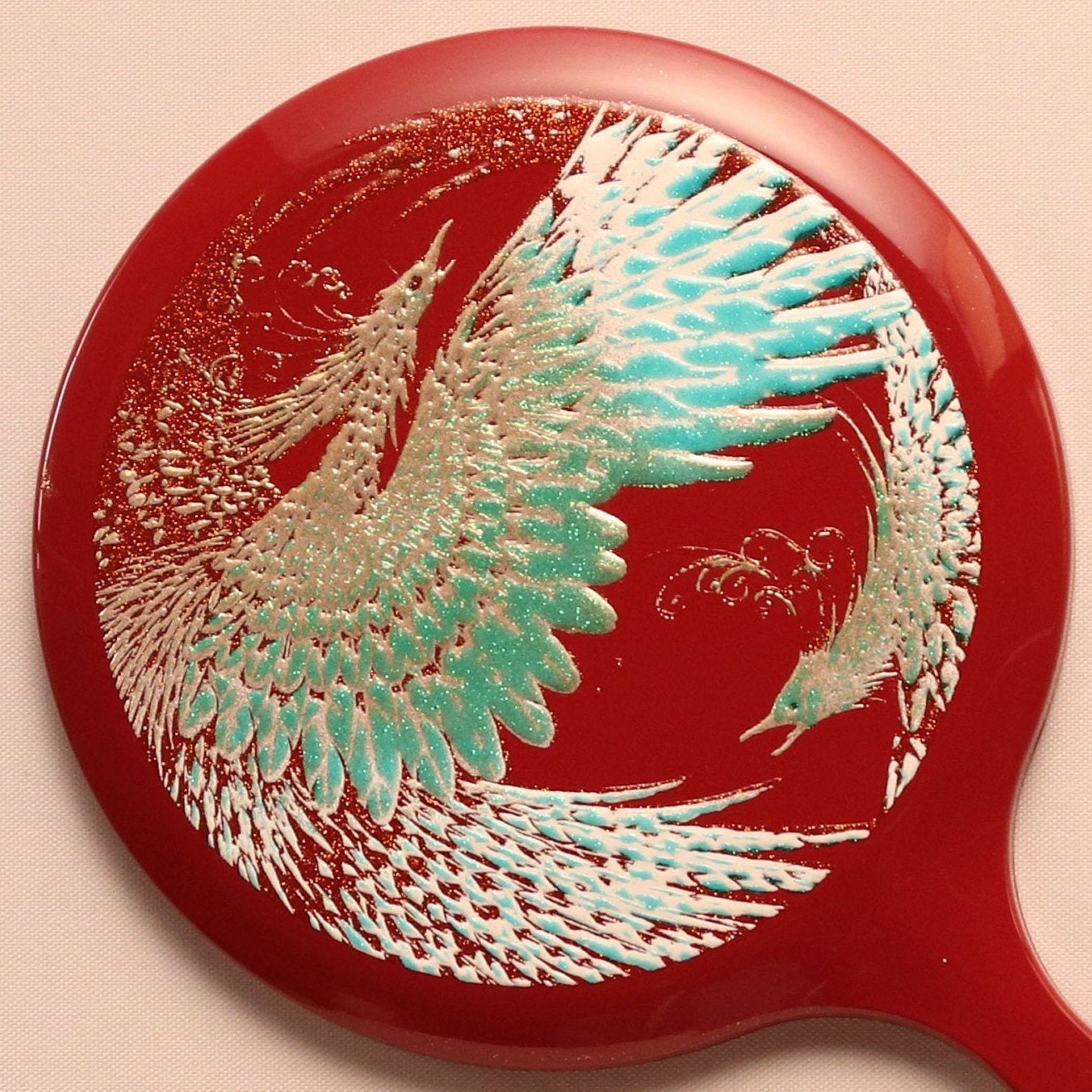Hand Held Hand Mirror Phoenix Japan traditional craft "MAKI-E" lacquer ...