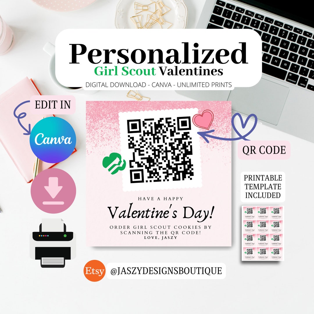 Canva Personalized Girl Scout Cookie Valentine's Day Exchange Cards, QR ...