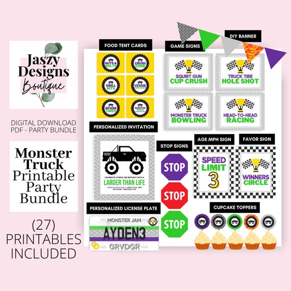 Monster Truck Party Printable Bundle Personalized Birthday | Etsy