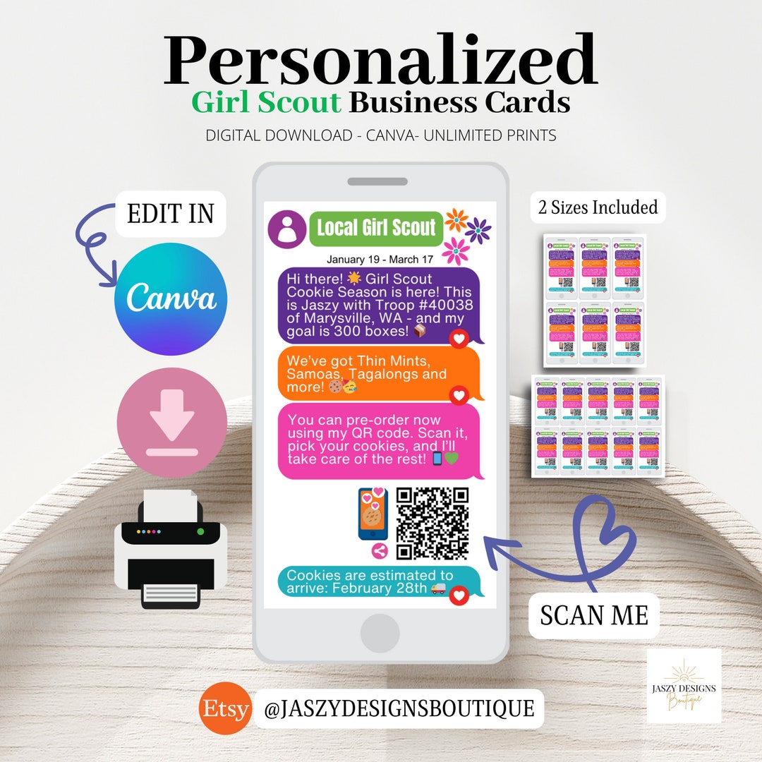 Canva Personalized Girl Scout Cookie Business Cards, QR Code, Digital ...