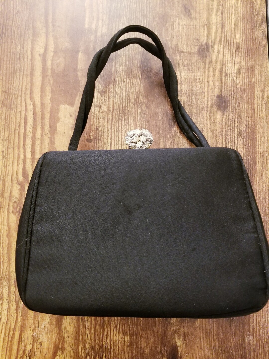 50's Vintage Morris Moskowitz Black Satin Evening Bag Rhinestone Clasp ...