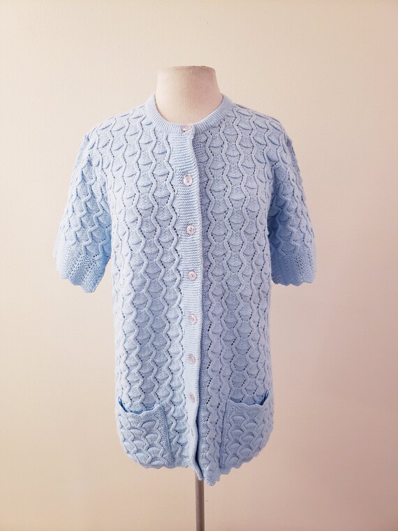70's Vintage Billie Jo Crochet Knit Light Blue Cardig… - Gem