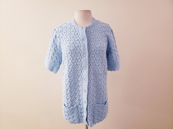 70's Vintage Billie Jo Crochet Knit Light Blue Cardig… - Gem