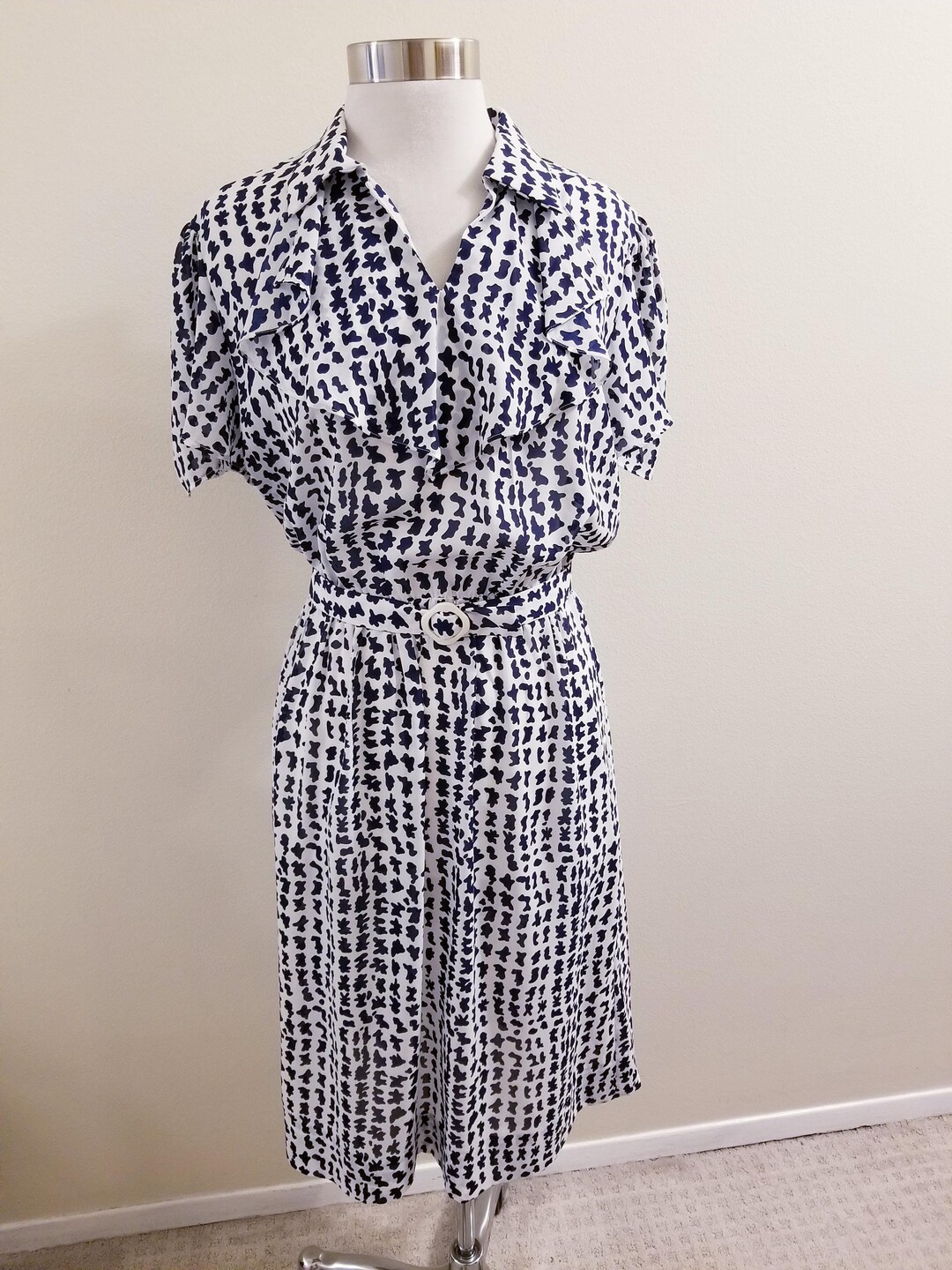Vintage 80s IFI White and Navy Print Dress With Matching Belt - Size 16 ...