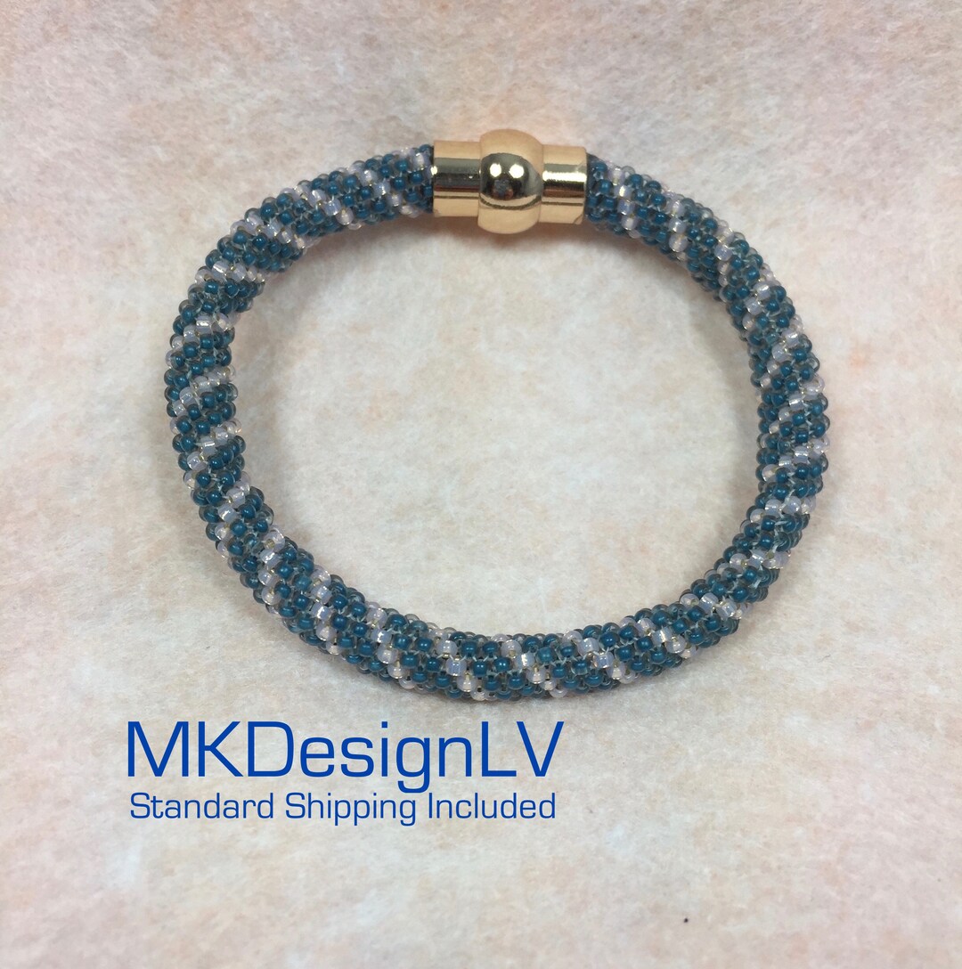 Peyote Stitch Spiral Rope Bracelet // Teal and Pale Pink Seed Beads ...