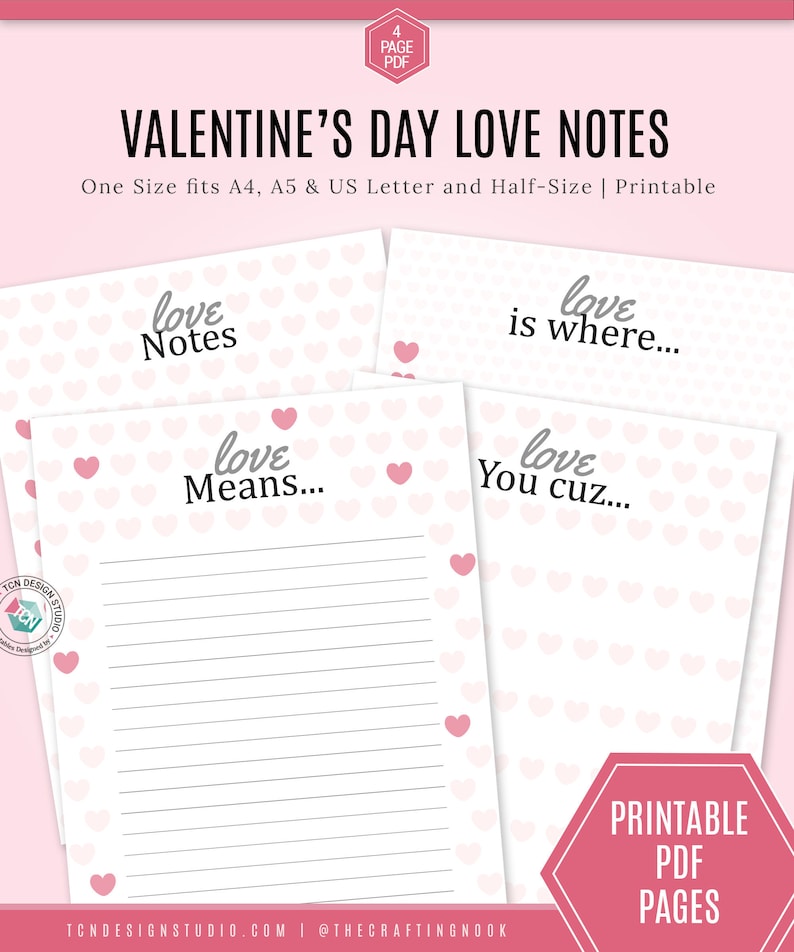 Printable Valentines Day Love Notes Pages, 4 Minimalist Valentines ...