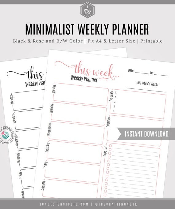 Printable Planner Week Schedule Minimal Productivity Instant Download ...