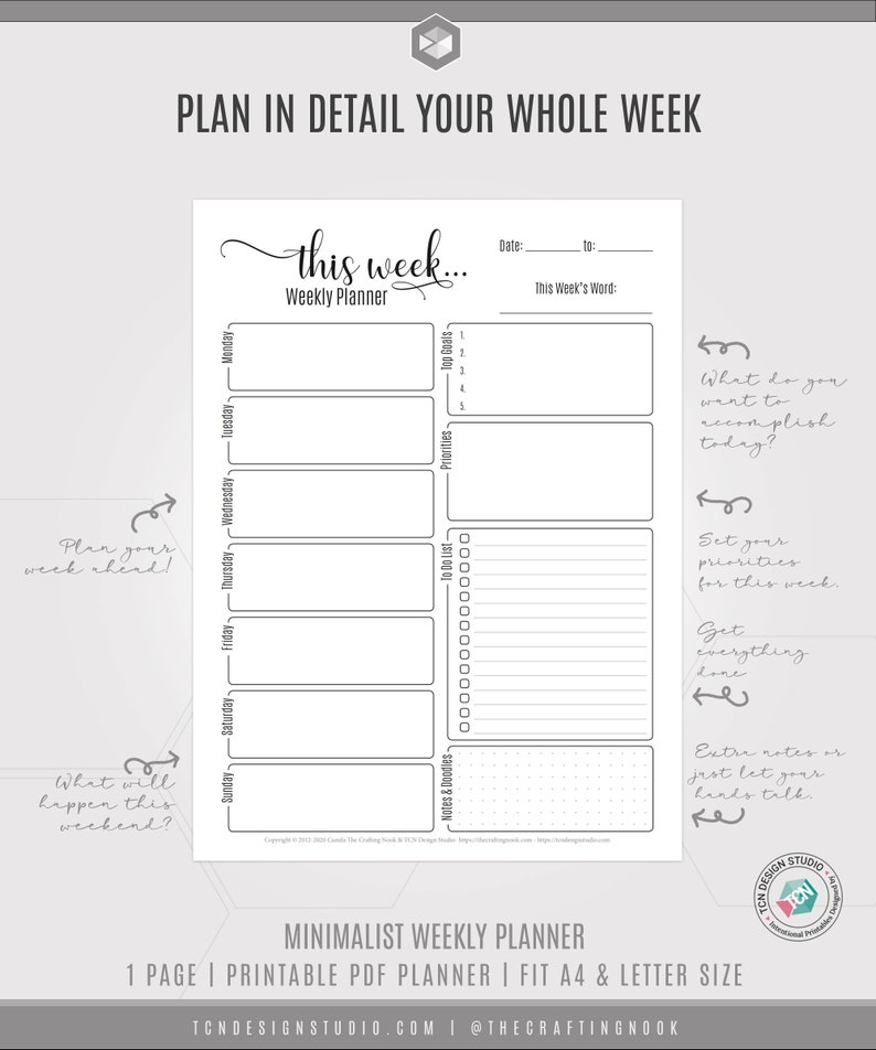 Minimalist Weekly Planner, Printable Week Plan, 2020 Weekly Planner ...