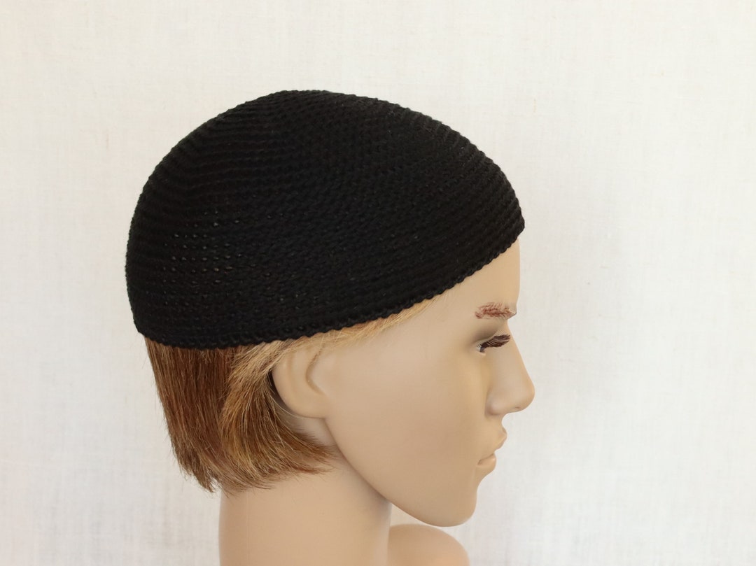 Short Black Kufi Hats, Flax Men's Skullcap, Crochet Short Linen Beanie ...