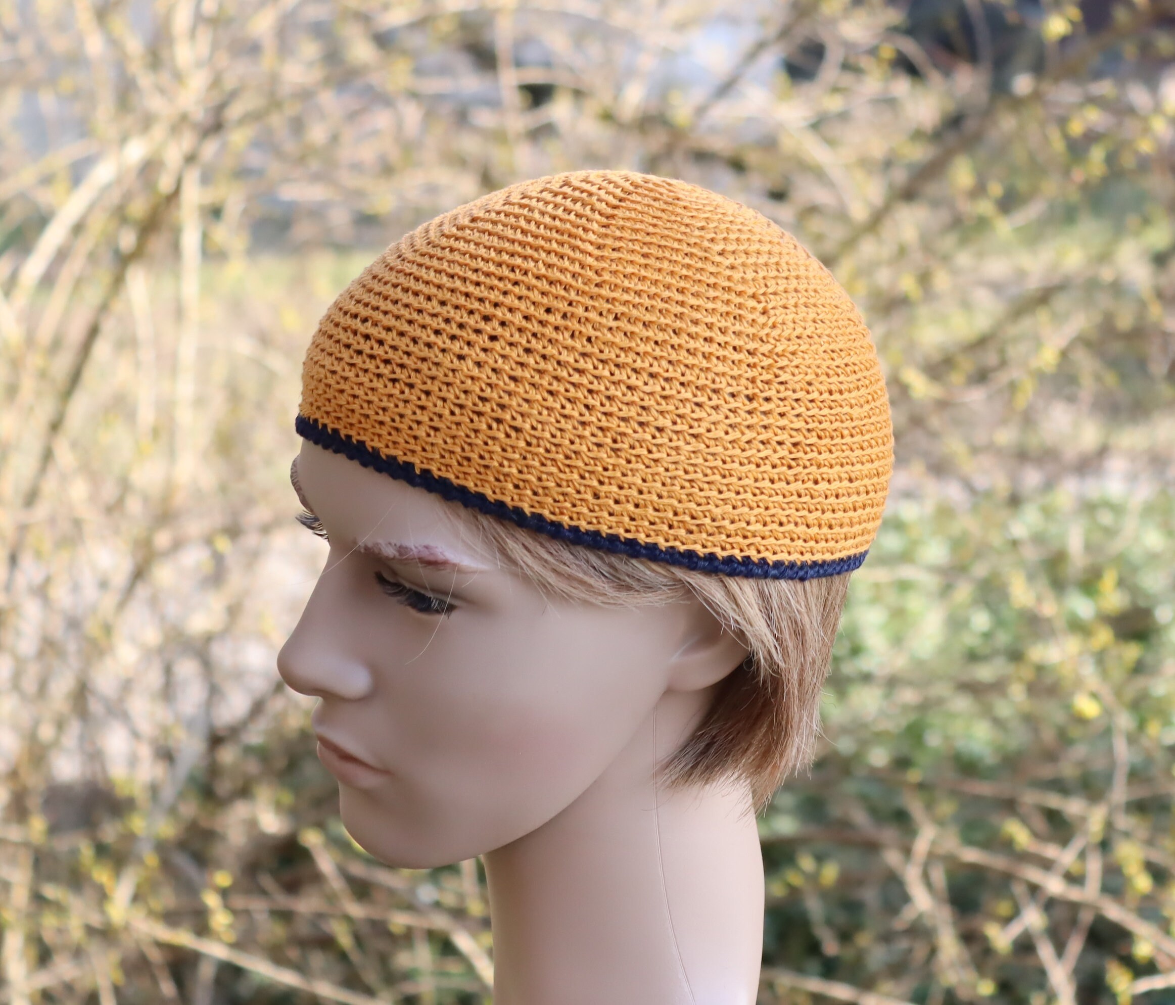 Linen Crochet Skullcap: Yellow Flax Beanie With Blue Edge - Etsy