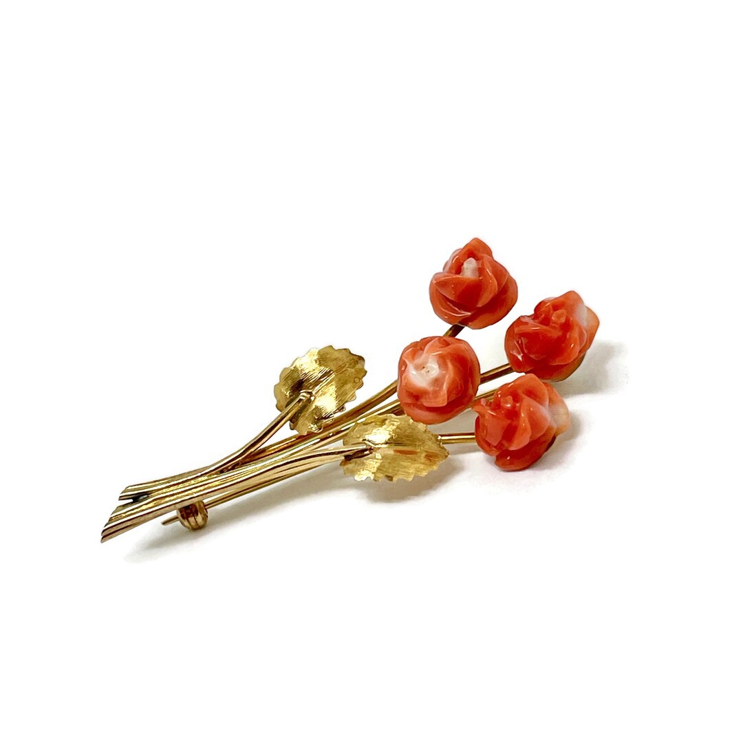 Red Coral Flower Brooch 18k Yellow Gold Brooch. Roses Red Coral and 750 ...