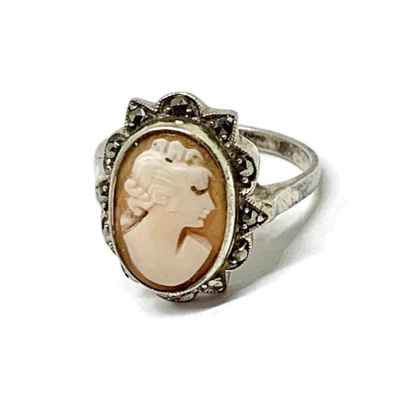 Cameo Ring. Antique Silver Marcasite Stones Around Hand Carved Cameo ...