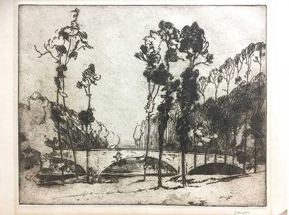 J Wright Etching: Tall trees and a bridge | Etsy