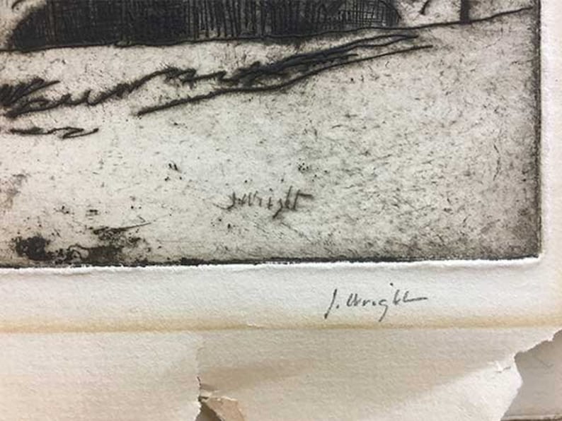 J Wright Etching: Tall Trees and a Bridge - Etsy