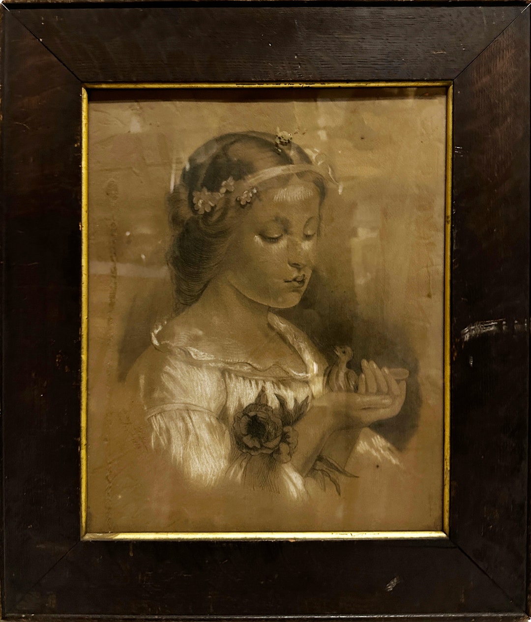Drawing by Illegible Artist: Portrait of a Girl With a Bird on Her ...