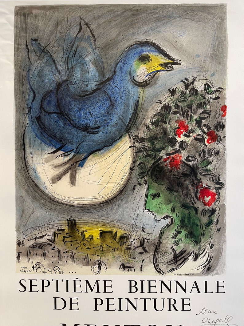 Marc Chagall Signed Lithograph: “the Blue Bird” - Etsy