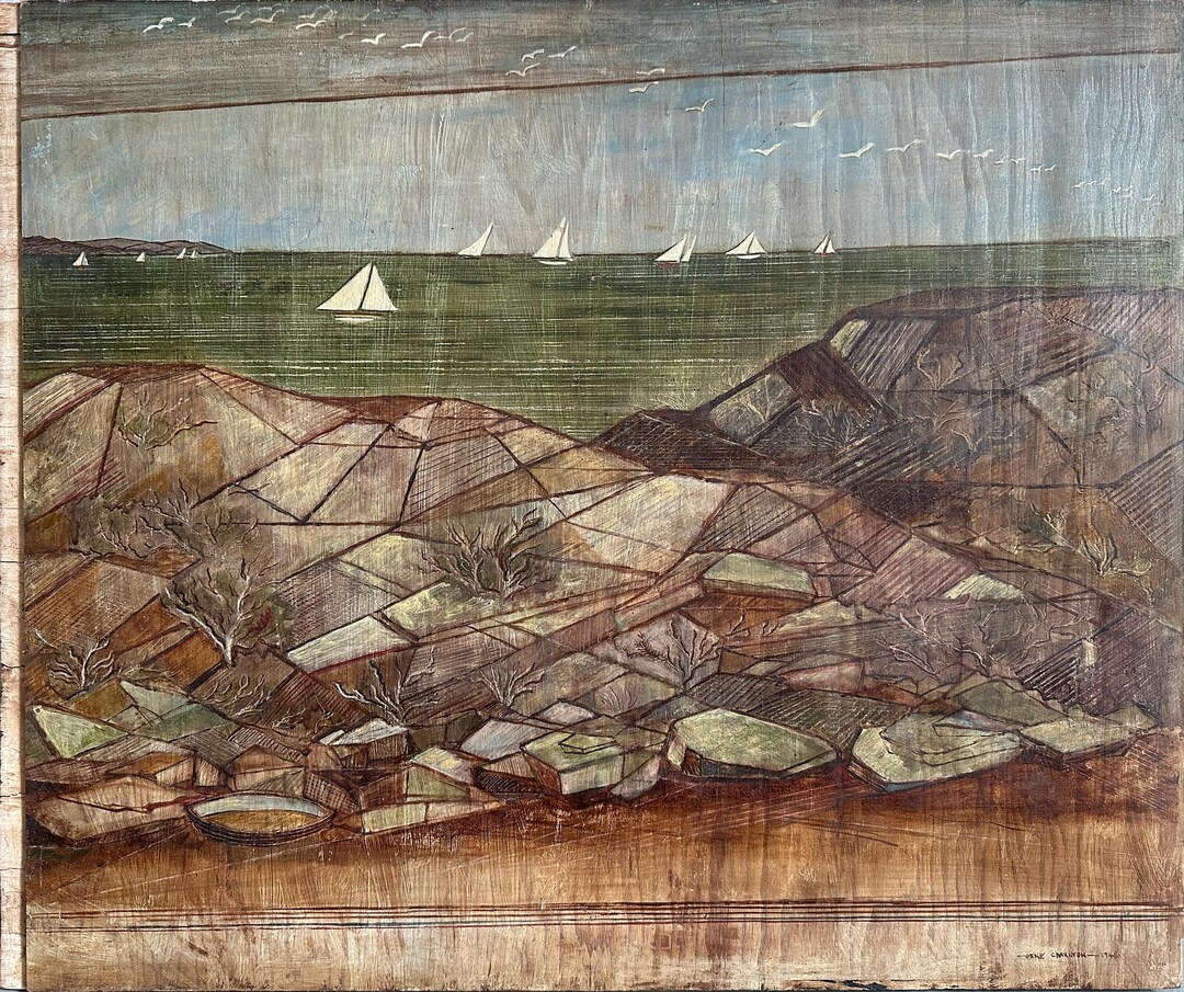 Gene Charlton Oil Painting: Rocky Landscape by the Water With Sailboats ...