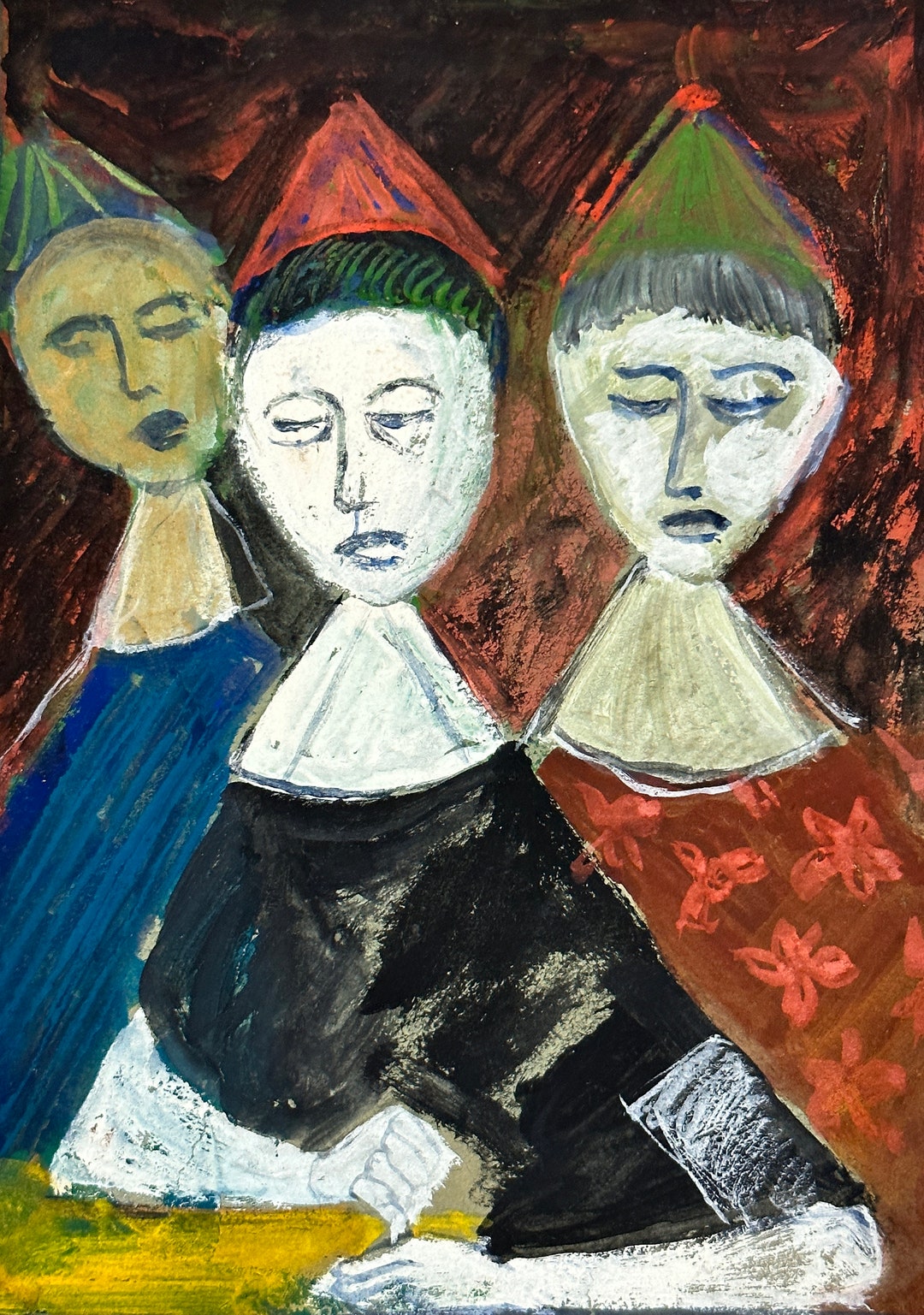 Gene Charlton Oil Painting: 3 Figures in Cone Hats - Etsy