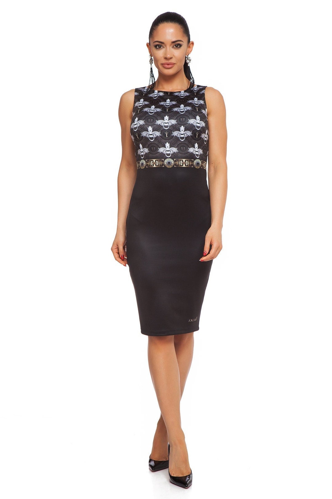 Baroque Damask Print Secretary Dress, Elegant Office Wear, Stylish ...